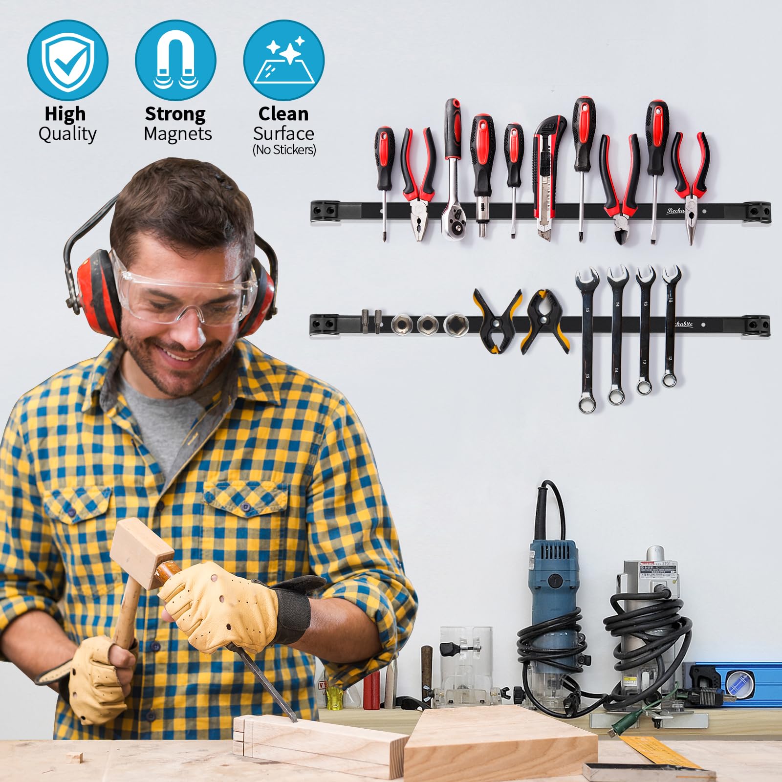 Rechabite 6 Pieces 24" Magnetic Tool Holder Strip, Black Magnet Bar, Metal Tool Organizer Rack for Garage Organization, Easy To Install in Workshop, Mounting Screws Included
