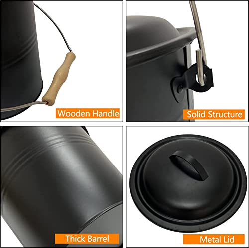 Mini Ash Bucket with Shovel, Gloves and Hand Broom, 1.5-Gallon Pail with Lid, Metal Bucket Coal and Ash Carrier Wood Pellet Storage Container Tool Set for Fireplace Fire Pit, Iron Ash Stove