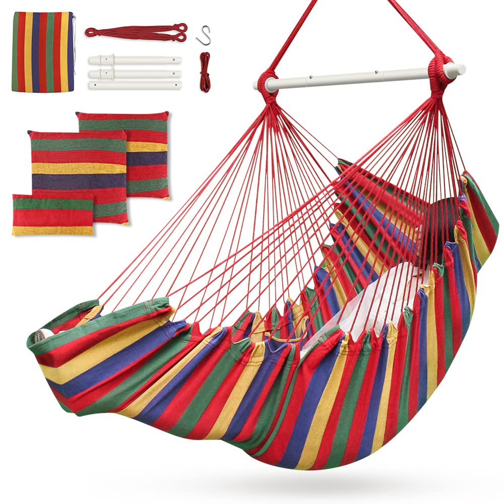Outerman Hammock Chair, Hanging Chair with 3 Cushions and Foot Rest Support, Durable Metal Spreader Bar Max 440 Lbs, Swing Chair for Bedroom, Indoor & Outdoor, Patio, Porch or Tree(Red)