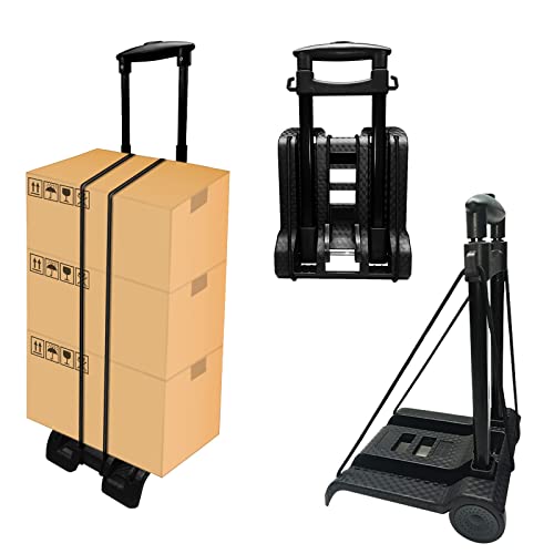 Portable Folding Hand Truck Lightweight Trolley Compact Utility Cart with 50kg/110lbs Heavy Duty 2 Wheels Solid Construction Adjustable Handle for Moving Travel Shopping Office Luggage Use(BY07-Black)