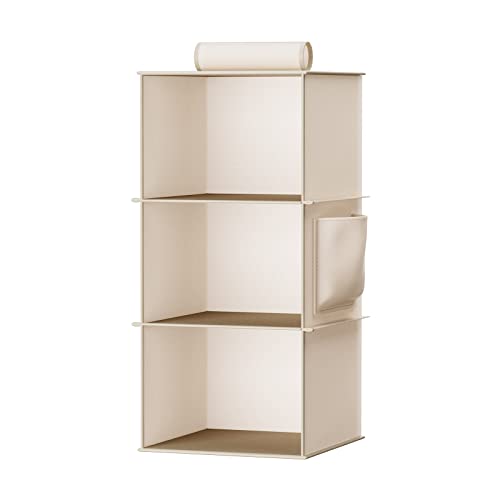 YOUDENOVA Hanging Closet Organizer, 3-Shelf Closet Hanging Storage Shelves, Beige