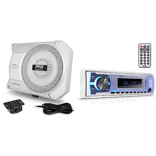 PyleUsa 10-Inch Low-Profile Amplified Subwoofer System & Marine Bluetooth Stereo Radio - 12v Single DIN Style Boat in Dash Radio Receiver System (White)