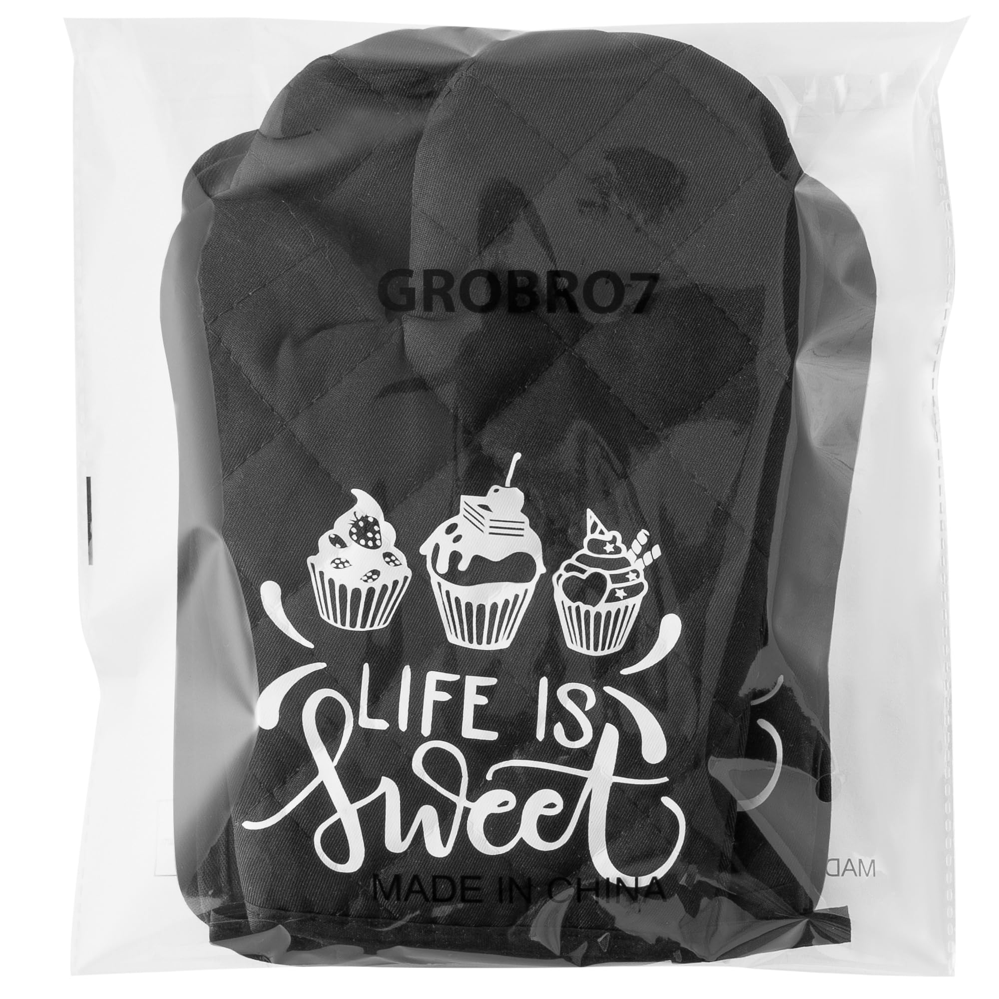 GROBRO7 6Pcs Cotton Oven Mitts and Pot Holders Set Life is Sweet Resistant Pocket Potholder Machine Washable Microwave Gloves with Hanging Loop Hot Pads for Daily Kitchen Baking Cooking Grilling Black