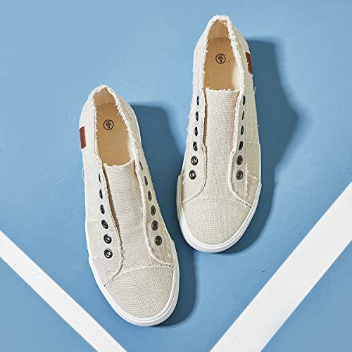 Women's Slip on Shoes Fashion Canvas Sneakers Non Slip Low Top Casual Shoes(Beige.US5)