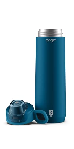 Pogo Active Vacuum Insulated Stainless Steel Water Bottle with Leak Proof Chug Lid and Silicone Carry Loop, Powdercoat, Poseidon, 18 oz