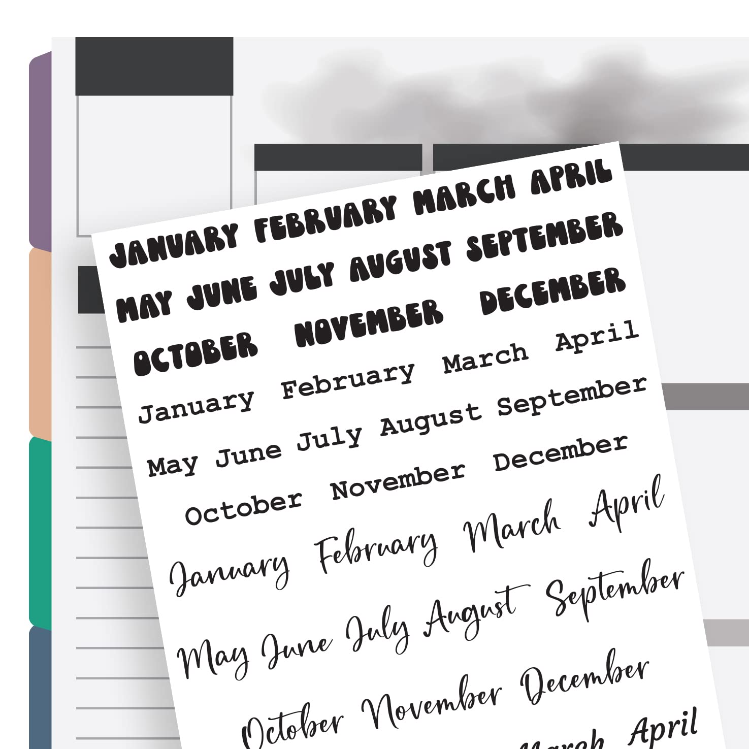Mini Months Planner Stickers, Undated Planner, 144 Months of the Year Stickers, Decorative Planning Stickers, Clear Removable Waterproof vinyl stickers, Black Font Modern Fancy