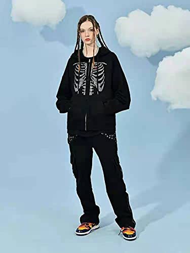 Women's Y2K Rhinestone Skull Hoodie Zip Up Oversized Casual Drawstring Hoodie E-Girl 90s Streetwear Jacket Tracksuit(G-black,S)
