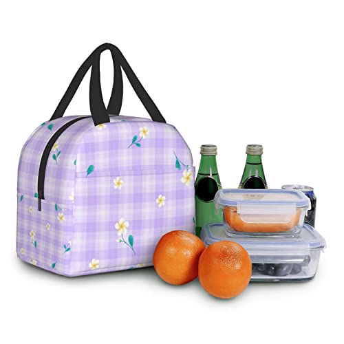 Plumeria Purple Lilac Violet Flower On Purple Plaid Lunch Box Bento Box Insulated Lunch Boxes Reusable Waterproof Lunch Bag With Front Pocket For School Office Picnic