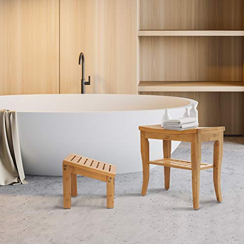 OasisCraft Bamboo Shower Bench with Foot Stool, 2-Tier Wood Spa Bath Organizer Seat with Underneath Storage Shelf, Wooden Bath Chair for Inside Shower, Small Bathroom Stool with Free Soap Dish
