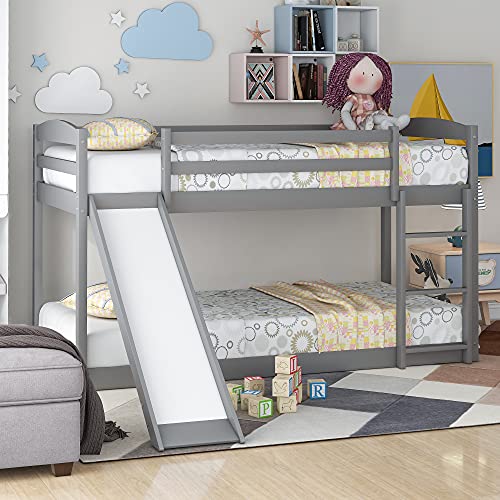 TARTOP Twin Over Twin Bunk Bed with Convertible Slide and Ladder,Solid Pinewood Frame, Low Bunk Bed w/Safety Guardrails,Suitable for Kids/Teen,No Box Spring Needed,Gray