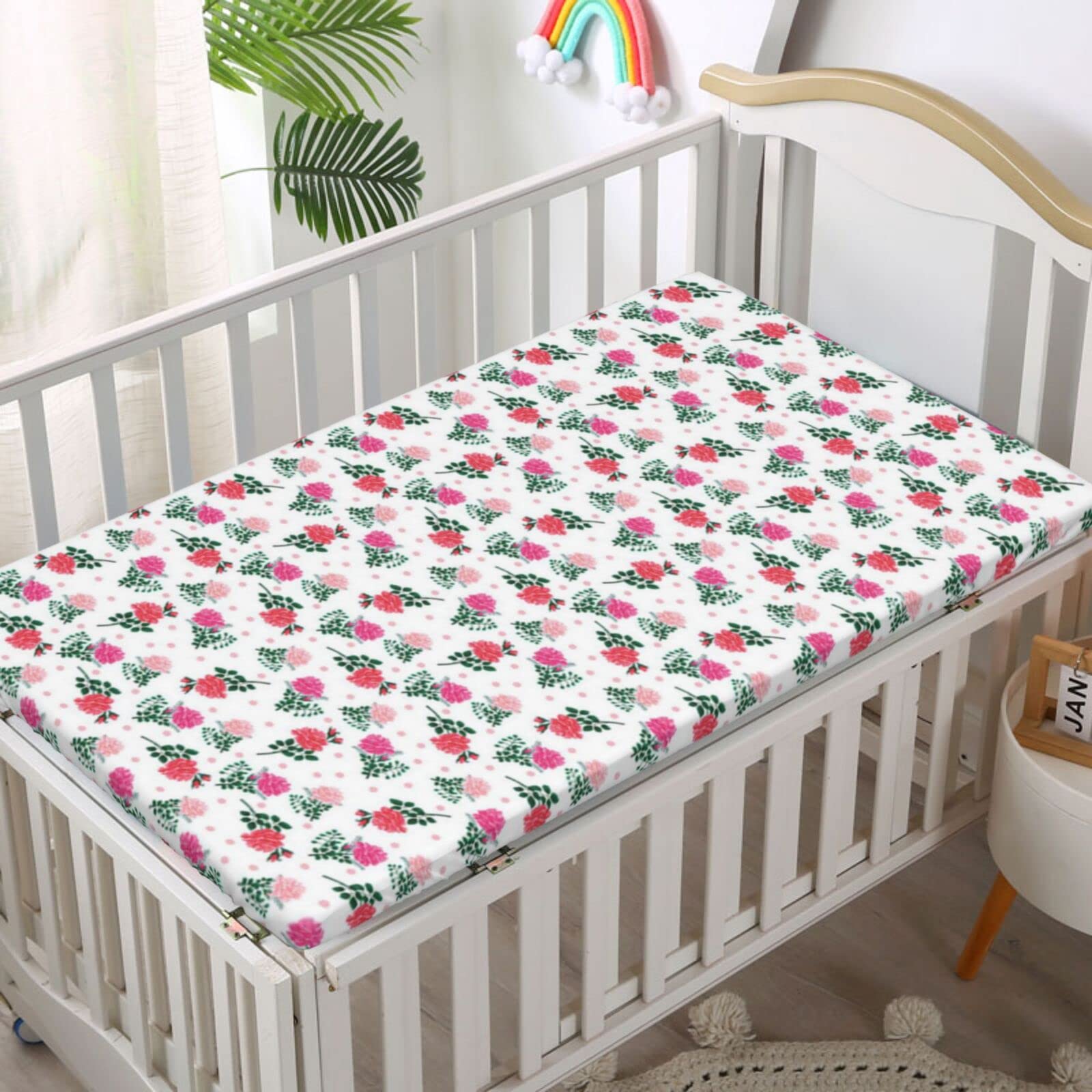 Rose Themed Fitted Mini Crib Sheets,Portable Mini Crib Sheets Soft and Breathable Bed Sheets-Great for Boy or Girl Room or Nursery,24β x38β,Rose Dark Coral