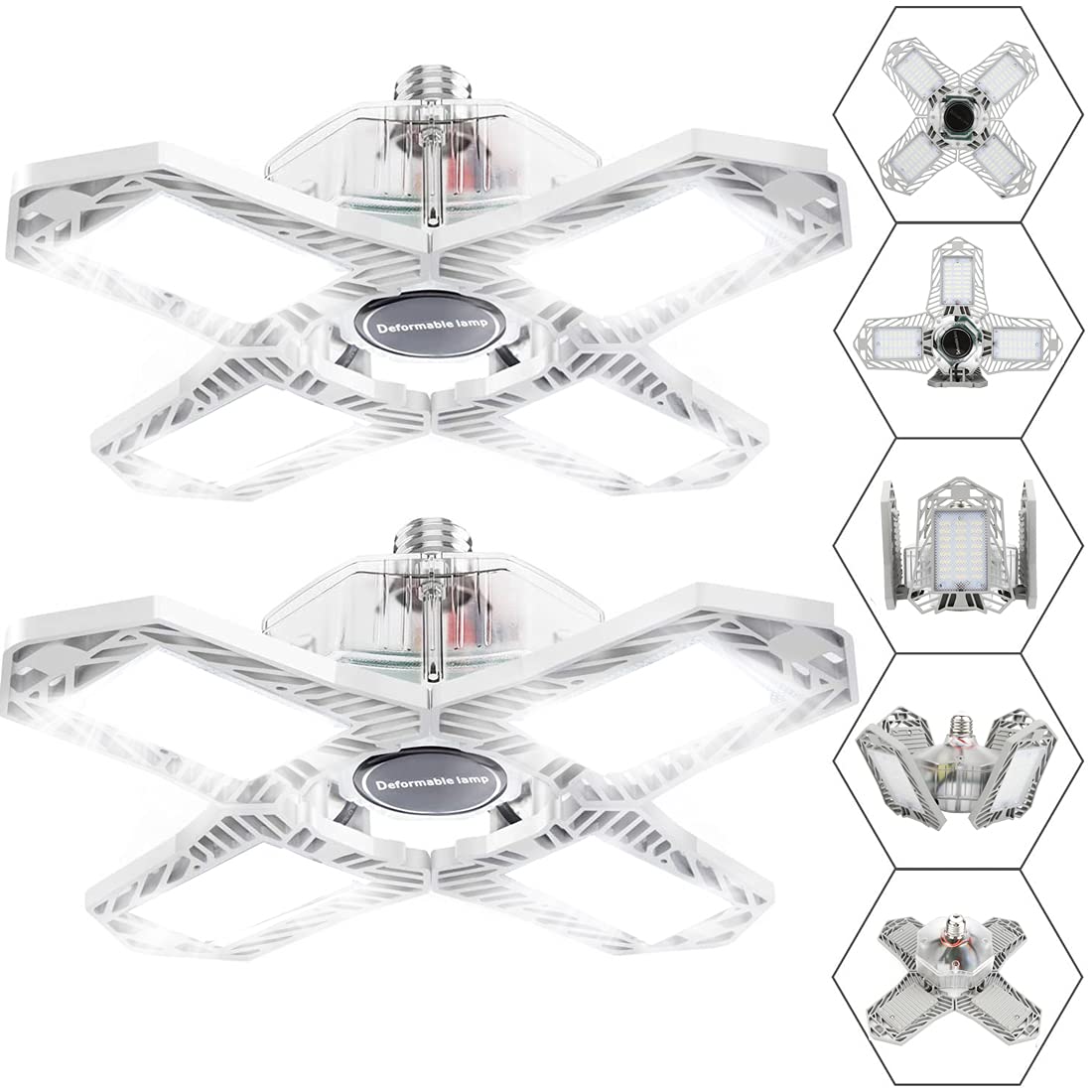 ISKYDRAW 2 Pack LED Garage Light 150W,4 Panels 15000lm Deformable Garage Ceiling Shop Light Fixture Quadruple Glow Adjustable Garage Lighting Bulb E26/E27,Led Light for Garage,Warehouse,Workshop,Barn