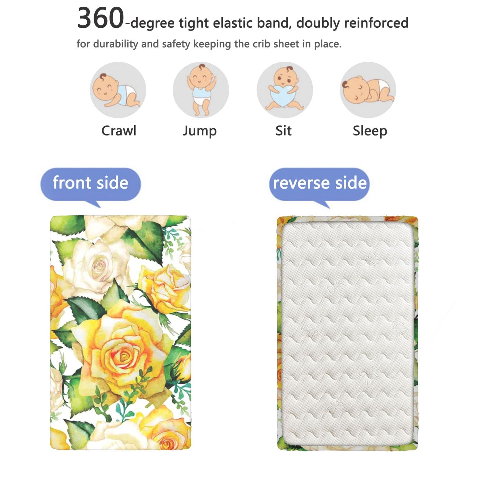 Rose Themed Fitted Mini Crib Sheets,Portable Mini Crib Sheets Soft and Breathable Bed Sheets-Crib Mattress Sheet or Toddler Bed Sheet,24β x38β,Yellow Beige Green