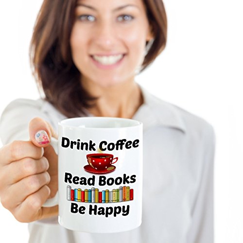 Vitazi Kitchenware Mug with Quote, 11 oz - Drink Coffee Read Books Be Happy (White)