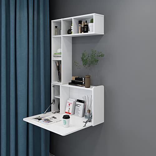 Pmnianhua Floating Desk,Wall Mounted Desk Folding,Space Saving Desk,Folding Wall Desk for Small Space Apartment Bedroom(White)