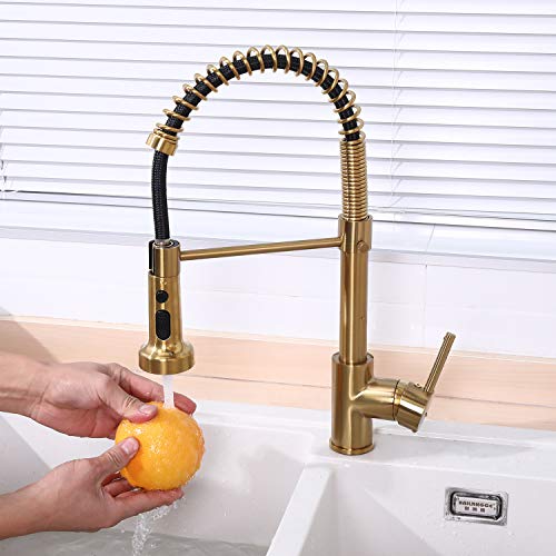 Ntipox Brushed Gold Kitchen Faucet with Pull Down Sprayer,Brushed Brass Kitchen Sink Faucet Single Handle Single Lever ,Spring Rv Kitchen Faucet, 3 Function Laundry Faucet