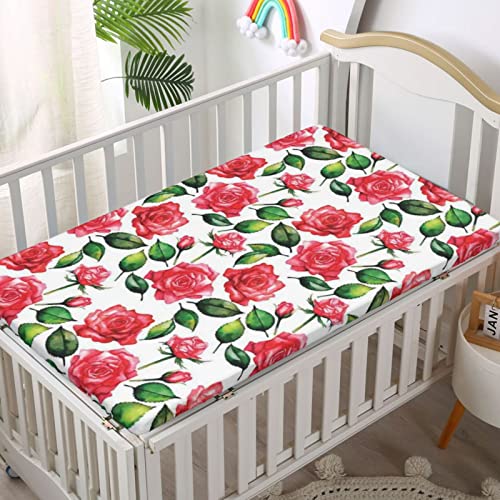 Rose Themed Fitted Mini Crib Sheets,Portable Mini Crib Sheets Soft Toddler Mattress Sheet Fitted-Great for Boy or Girl Room or Nursery,24β x38β,White Green Red