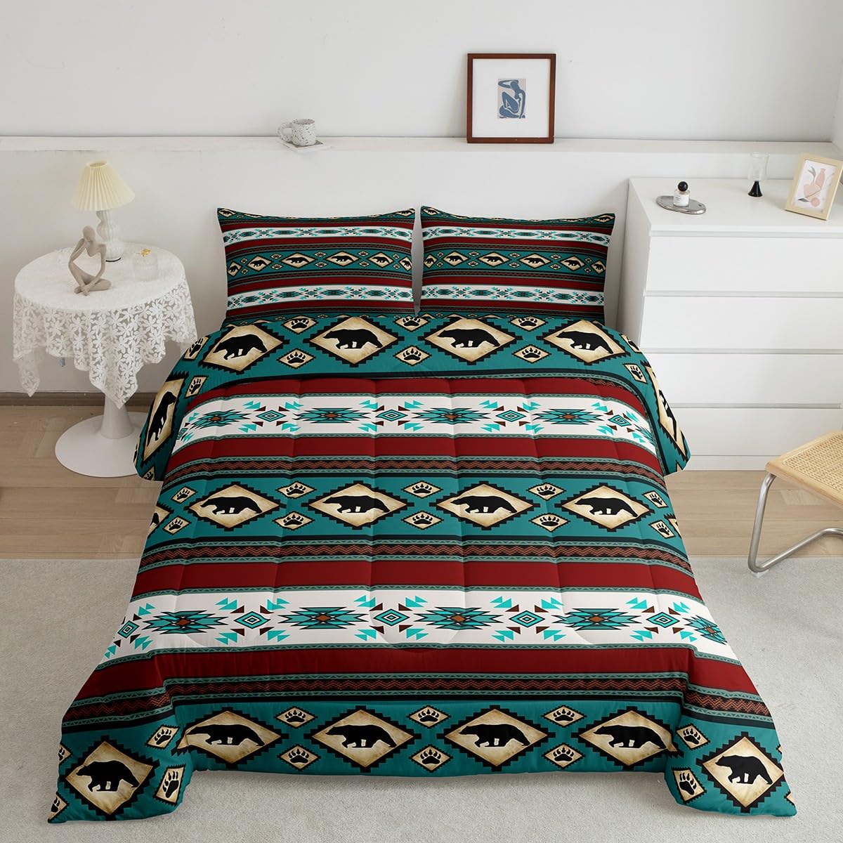 Western Boho Bear Bedding Set Full, Southwestern Aztec Comforter for Kids Boys Girls Boho Exotic Comforter Set Farmhouse Rustic Cabin Duvet Set 3Pcs