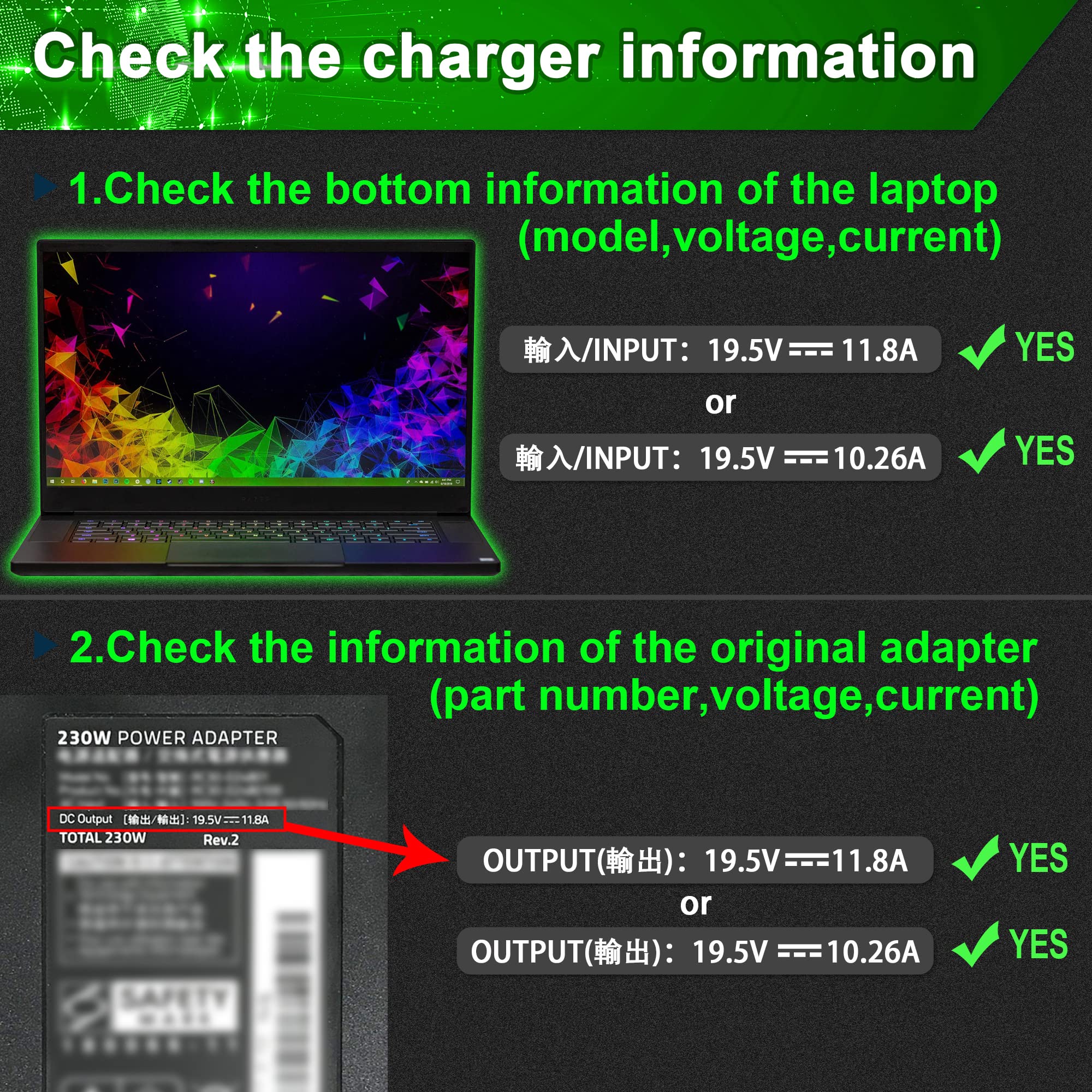 New Replacement 230W Razer Blade Charger,Razer Blade 14 RTX3060 RTX3070 RTX3080 Razer Blade 17 RTX2060 RTX2070 RTX2080 Razer Blade 15 Model GTX1060 GTX1070 RTX 3060 3070 AC Adapter Power Supply