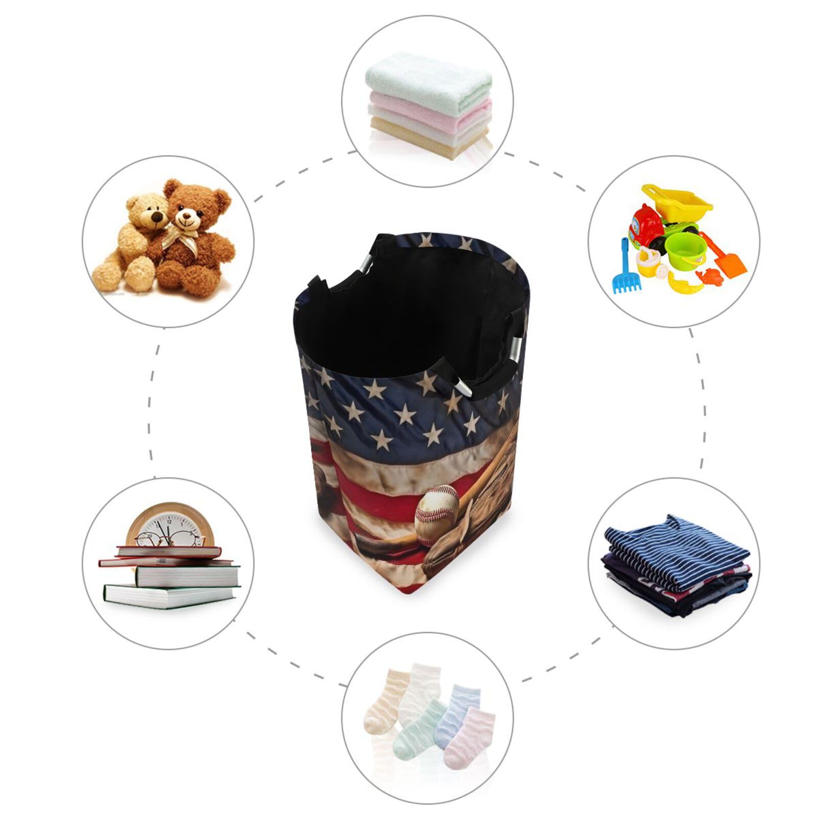 YETTASBIN Baseball American Flag Laundry Hamper, Waterproof Foldable Laundry Basket Large Dirty Clothes Toys Storage Basket with Handle for Bathroom, Bedroom, Laundry Room, Playroom