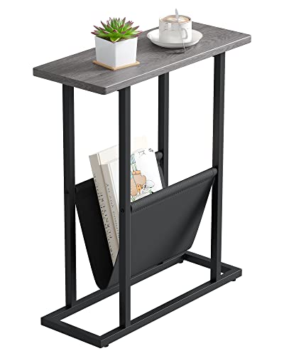 Yusong Small Narrow Side Table for Small Spaces, Slim End Table Magazine Table Nightstand with Storage Holder, Accent Skinny Snack Couch Bedside Table, Grey