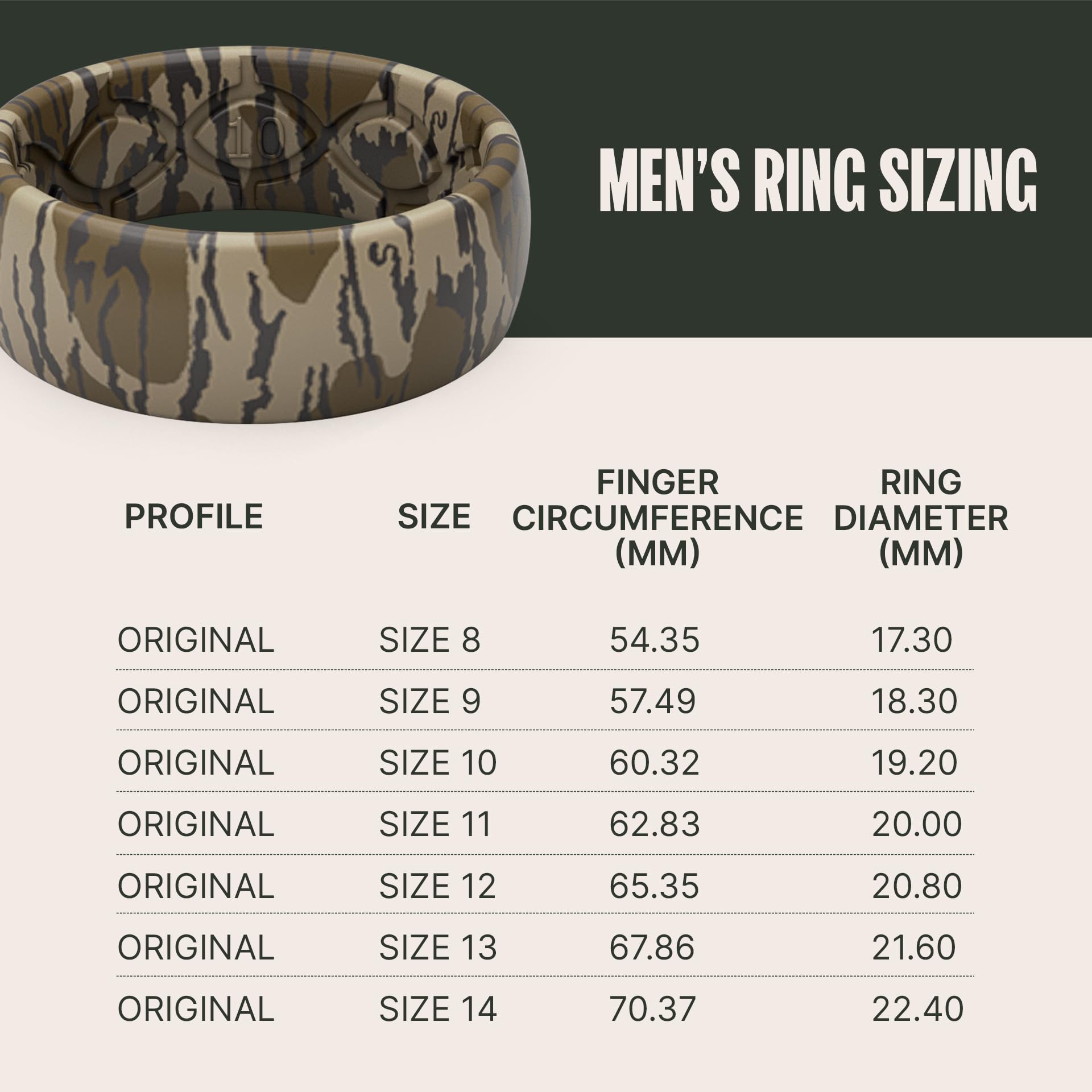Groove Life Mossy Oak Bottomland Camo Silicone Ring - Breathable Rubber Wedding Rings for Men, Lifetime Coverage, Unique Design, Comfort Fit Ring - Size 10