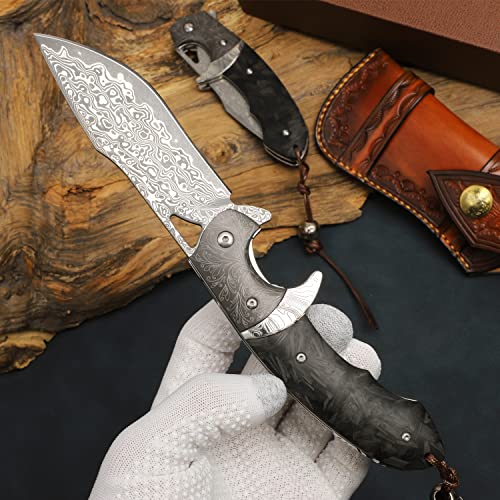 Minowe Handmade Damascus Steel Folding Knife with leather case,3.8in VG10 steel core blade,Steel ball bearings+Carbon Fiber handle,Tactical pocket knife Hiking carry EDC Knife