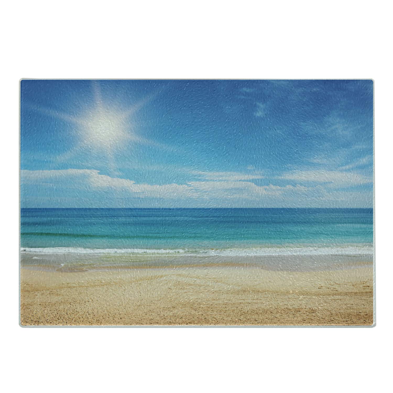 Lunarable Coastal Cutting Board, Tropical Seascape Ocean Summer Beach Sands in Hawaiian Seashore with Clear Sky, Decorative Tempered Glass Cutting and Serving Board, Small Size, Aqua Mustard