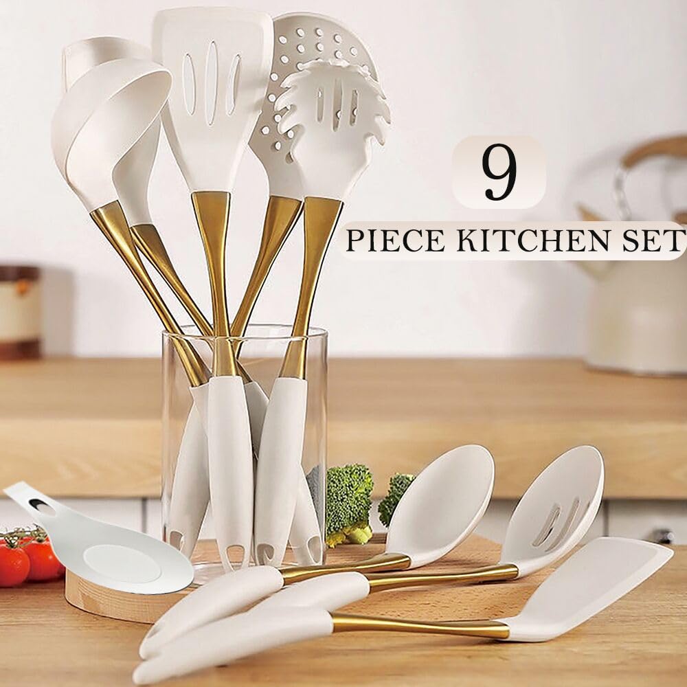 UMEONEVE White And Gold Silicone Cookware Set, 9-Piece, Universal Kitchen Utensils,gold with white kitchen utensils,Silicone Spatula Cooking Spoons for Nonstick Cookware Golden Stainless steel Handle