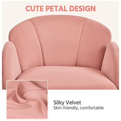 Yaheetech Cute Velvet Desk Chair for Home Office, Makeup Vanity Chair with Armrests for Bedroom Modern Swivel Rolling Chair for Women Pink