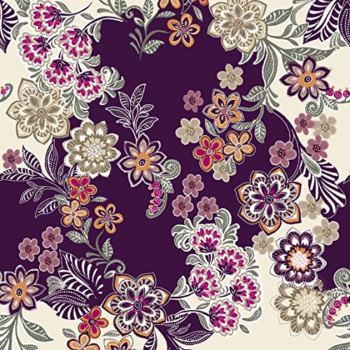 Texco Inc Jacobean Printed Poly Spandex Floral Tropical DTY Brushed Stretch Fabric, Eggplant Gold 3 Yards
