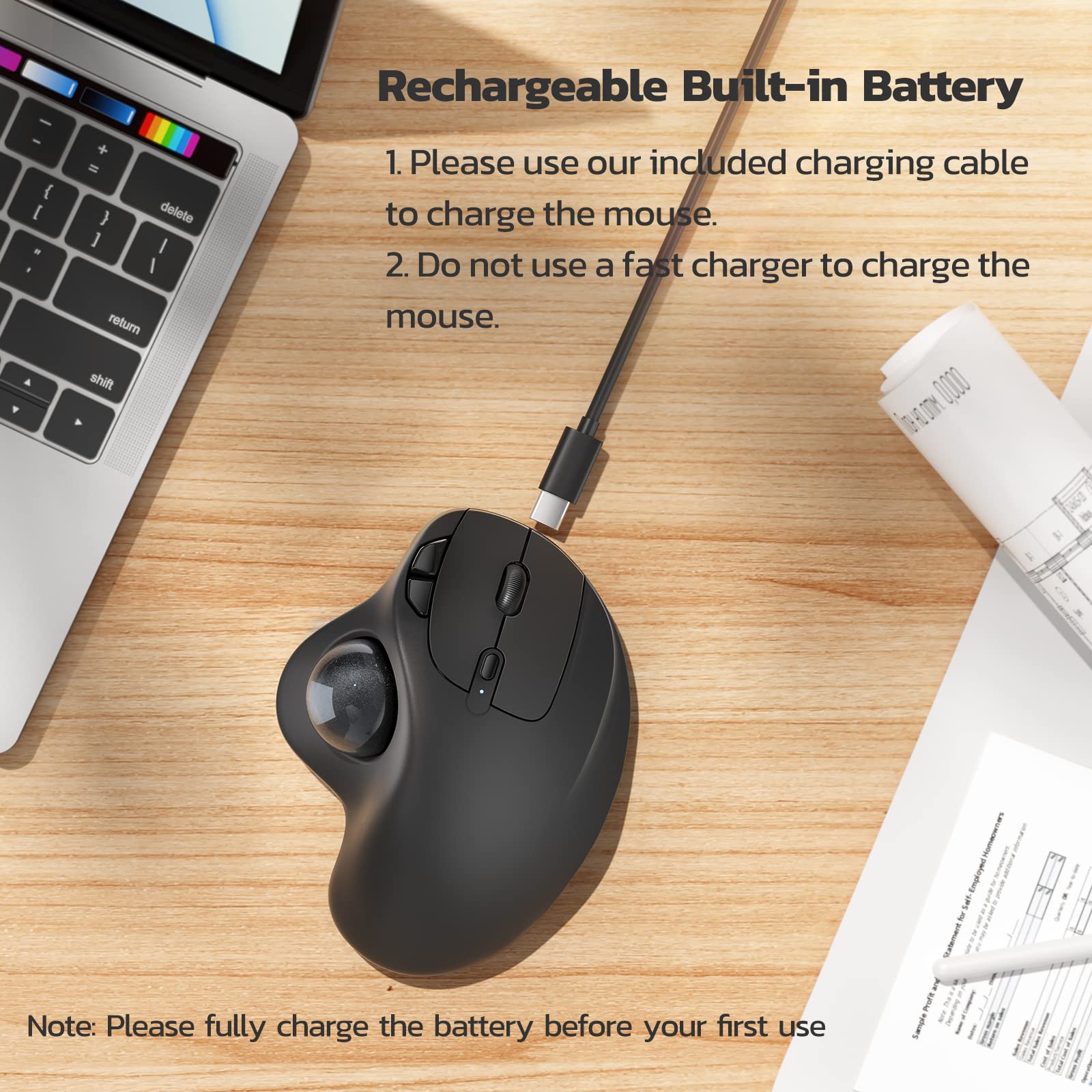 Nulea M501 Wireless Trackball Mouse, Rechargeable Ergonomic, Easy Thumb Control, Precise & Smooth Tracking, 3 Device Connection (Bluetooth or USB), Compatible for PC, Laptop, iPad, Mac, Windows