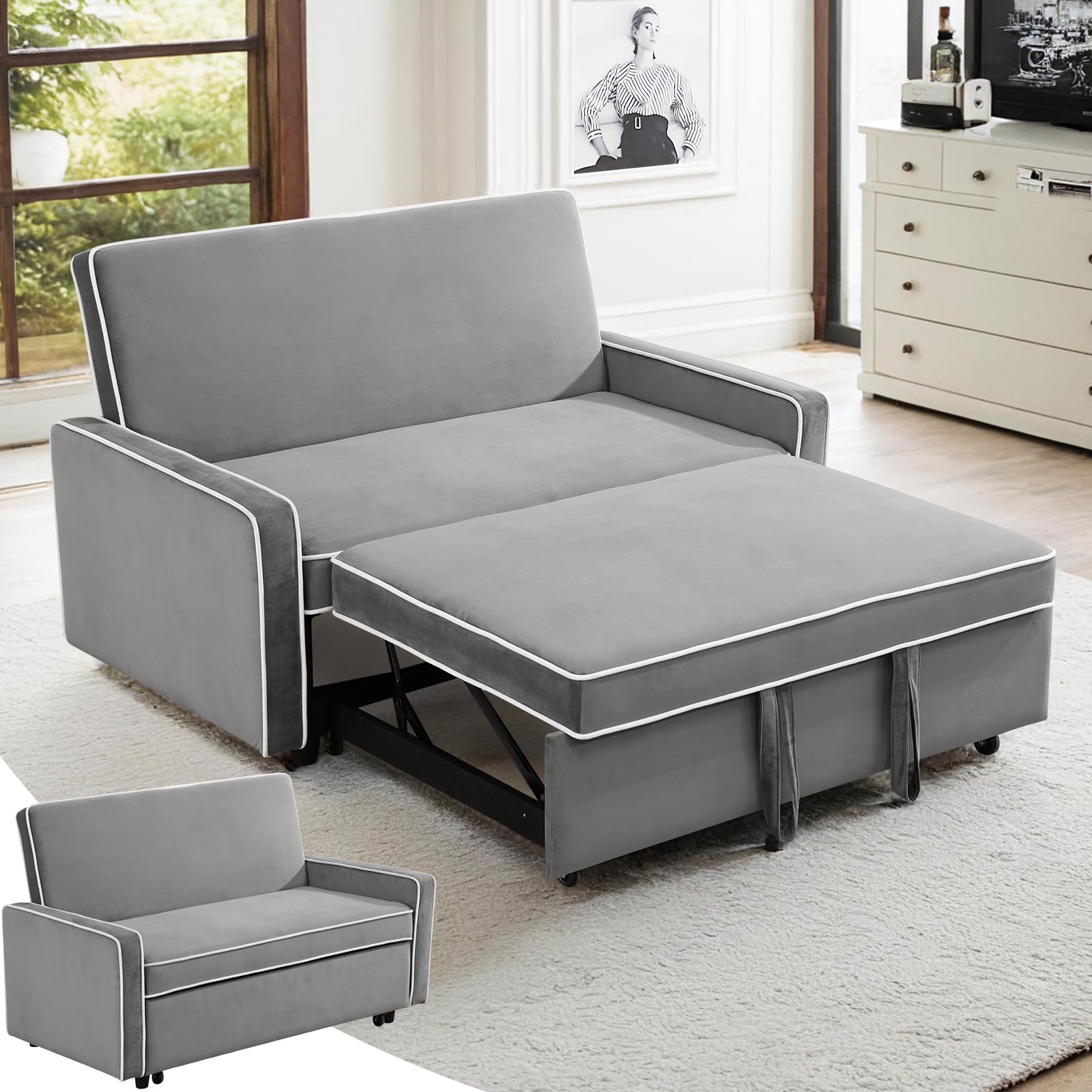 Rovibek Pull Out Sofa Bed Convertible 3 in 1 Sleeper Sofa Couch Bed Pull Out Velvet Futon Loveseat Sleeper 2 Seat Chaise Lounge for Living Room Apartment Small Space, Adjustable Backrest, Grey