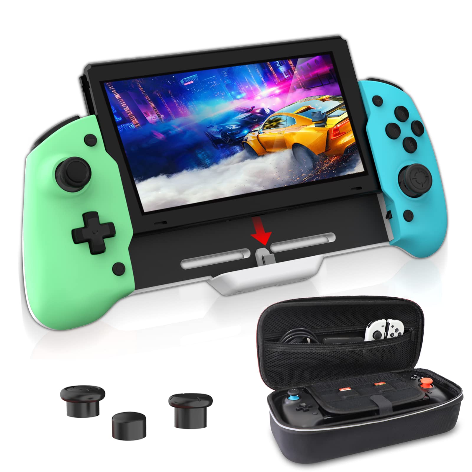 NexiGo Switch Accessories Holiday Bundle, Ergonomic Controller (Green & Blue) for Nintendo Switch with 6-Axis Gyro, Dual Motor Vibration, Game Storage Case with 10 Game Card Holders
