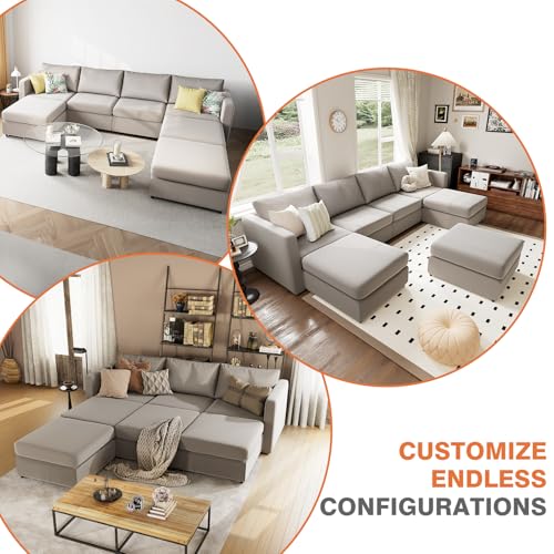 Sweetcrispy Convertible Modular Sectional Sofa, 7 Seat Sectional Couches for Living Room, U-Shaped Modern Fabric Modular Sofa Sleeper with Double Chaise for Home, Apartment, Dorm, Grey