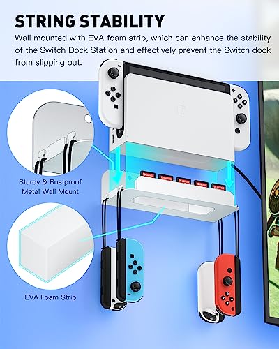 ZAONOOL Wall Mount for Nintendo Switch and Switch OLED, Metal Wall Mount Kit Shelf Stand Accessories with 5 Game Card Holders and 4 Joy Con Hanger, Safely Store Switch Console Near or Behind TV, White