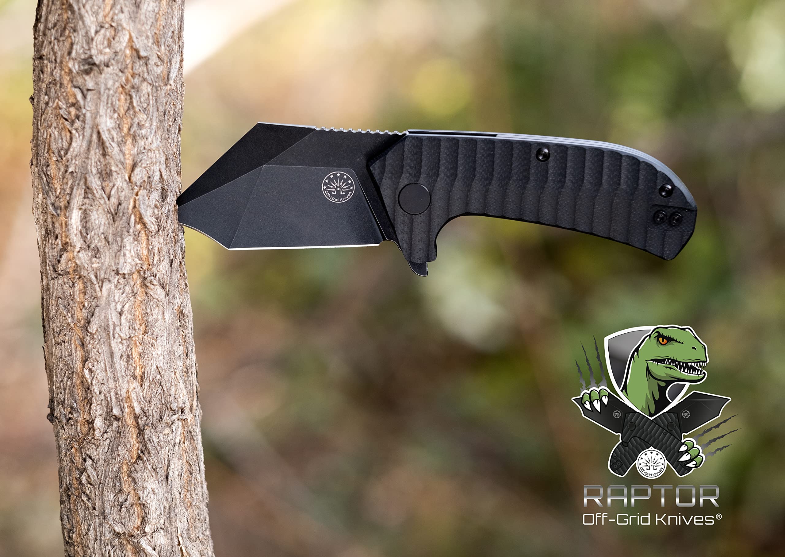 Off-Grid Knives - Raptor EDC Folding Knife with Tumbled Black D2 Steel, Grippy G10, Bearings, Deep Carry Left & Right, Hawkbill Tip, Stout Everyday Carry