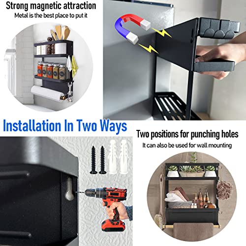 VIAV Magnetic Spice Rack with Paper Towel Holder for Refrigerator with 2-Tier Shelf Spice Rack Strong Magnetic Backing with 3 Hooks for Kitchen Storage,Refrigerator,Freezer,Grill Silver