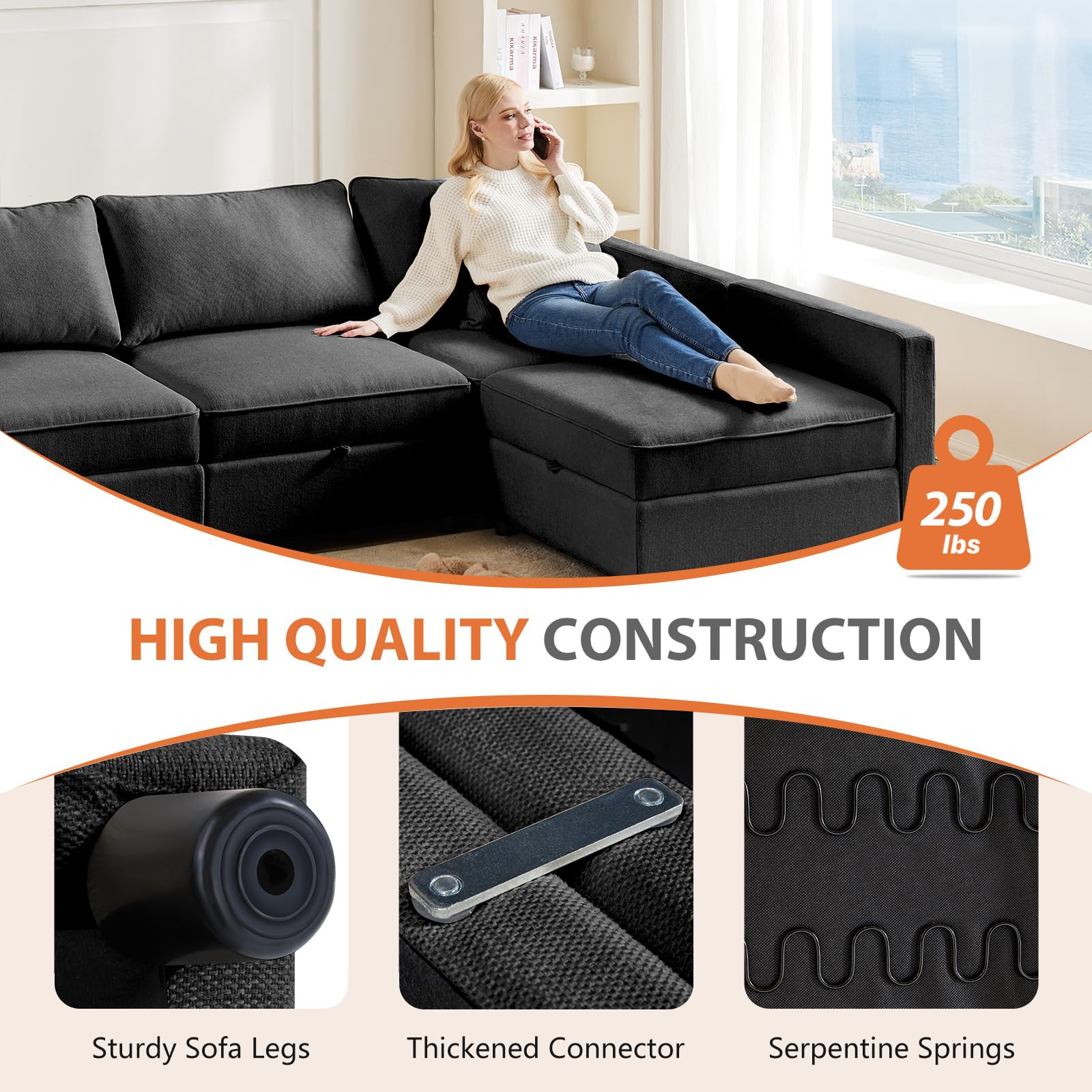 Sweetcrispy Convertible Small Sectional Sofa Couch, 5 Seat 6 Back Sofa Set with Large Storage for Living Room, L-Shaped Modular Sofa Sleeper with Ottoman, Comfy Sofa Couch with Extra Deep Seats, Grey