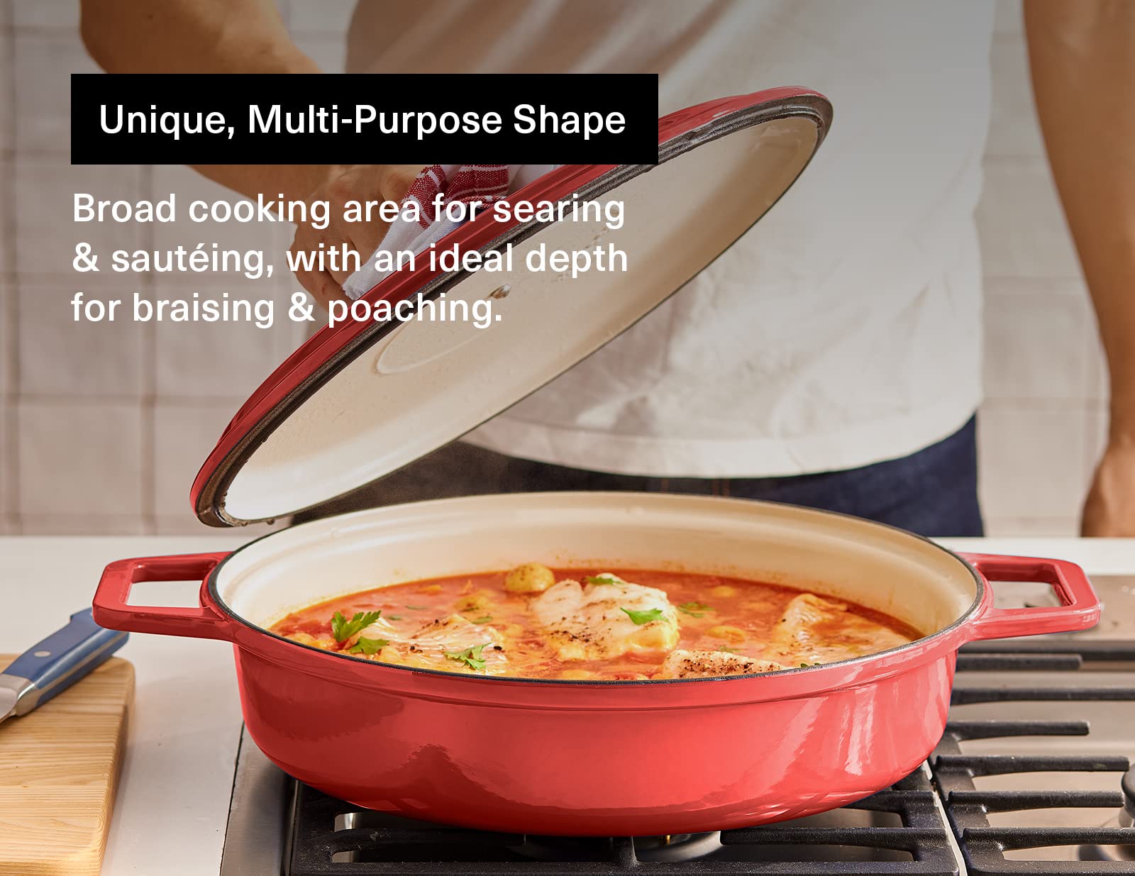 Misen Enameled Cast Iron Braiser Pan with Lid - Shallow Depth for Braising & Poaching - Durable Cookware - Oven Safe - Easy Handling - Chip-Resistant Enamel - Multi-Purpose Cooking - Red