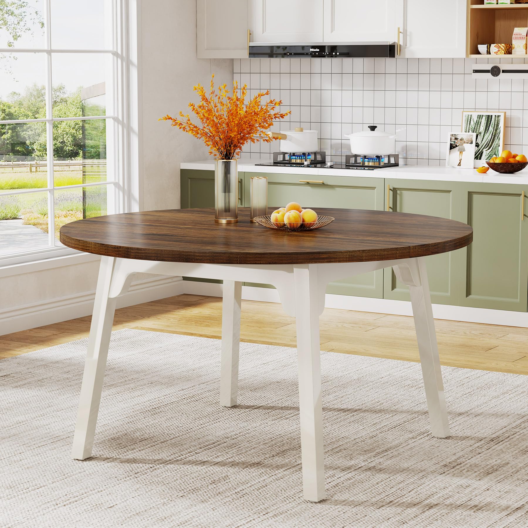 Tribesigns Round Dining Table for 4-6 People, 47-Inch Farmhouse Dinning Room Table Circle Kitchen Table, Industrial Dinner Table with Solid Wood Legs for Kitchen, Living Room, White and Brown