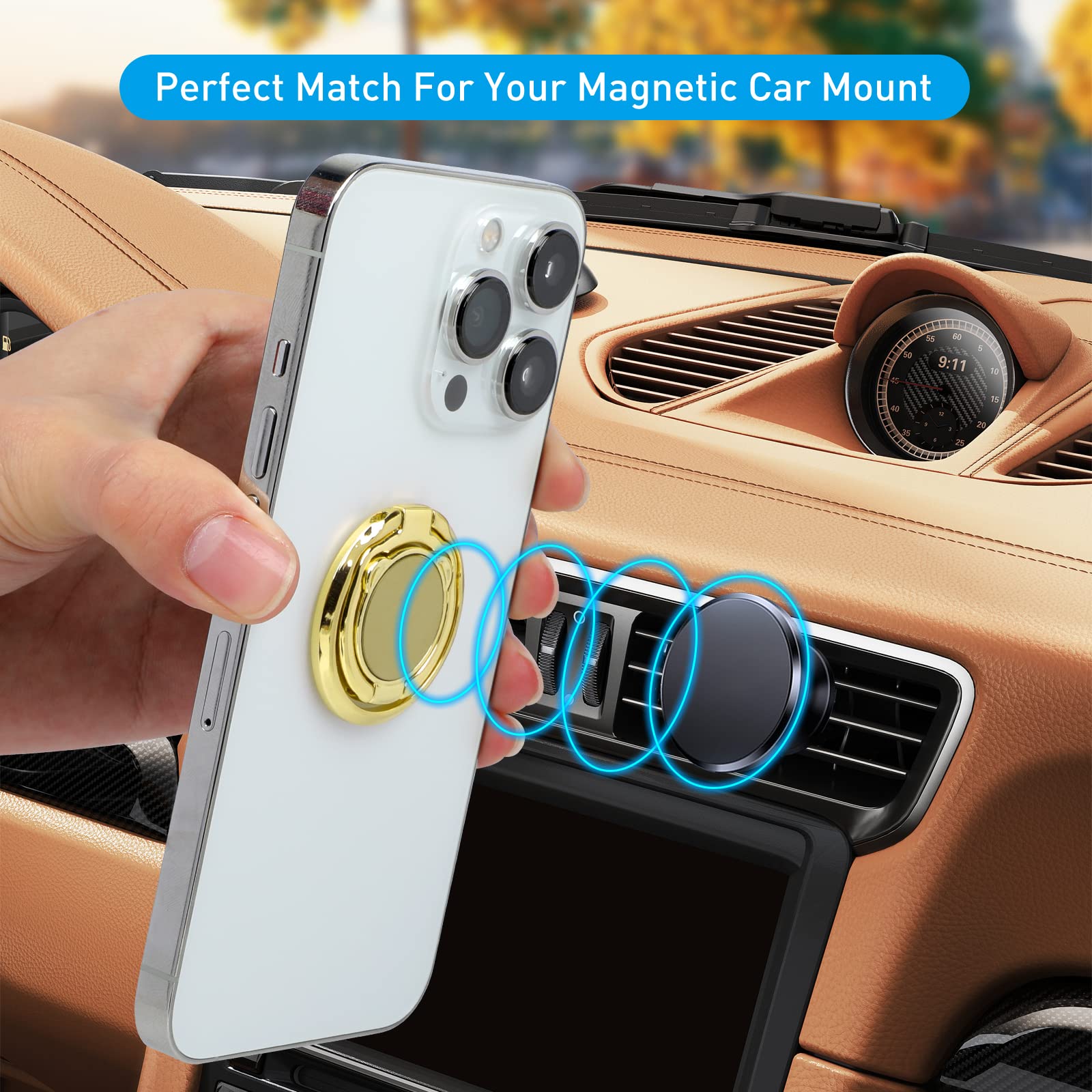 NICEASY Cell Phone Ring Holder Finger Kickstand, 360°Rotation Phone Grip Foldable Work with Magnetic Car Mount Compatible with iPhone iPad Smartphones Tablets (2 Pack,Golden)