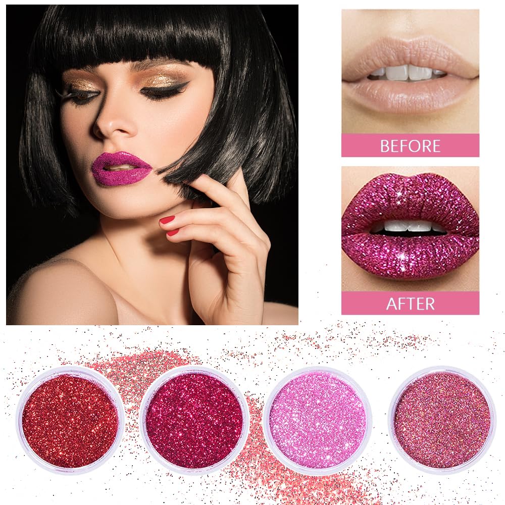 IYARKAI Glitter Lip Kit, 4 Colors Glitter Lip Kit Gloss, Metallic Shimmer Glitter Powder, With Lip Primer and Brush for Making Metallic Glitter for Lips and Nails