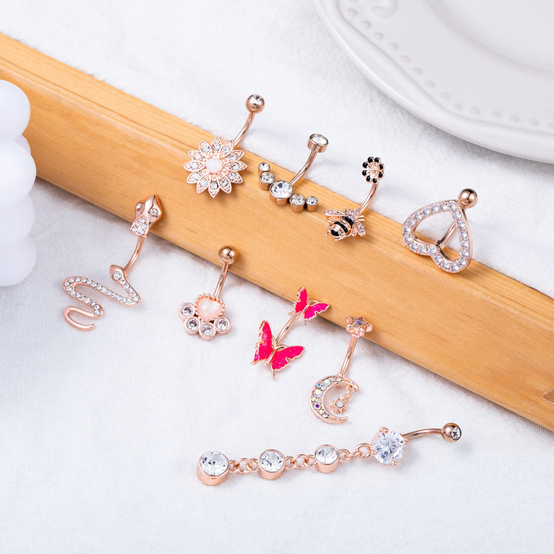 NICEIGHT 9PCS Stainless Steel Belly Button Rings Dangle Belly Rings for Women Heart Moon Snake Flower Navel Rings Body Jewelry Piercing Rose Gold