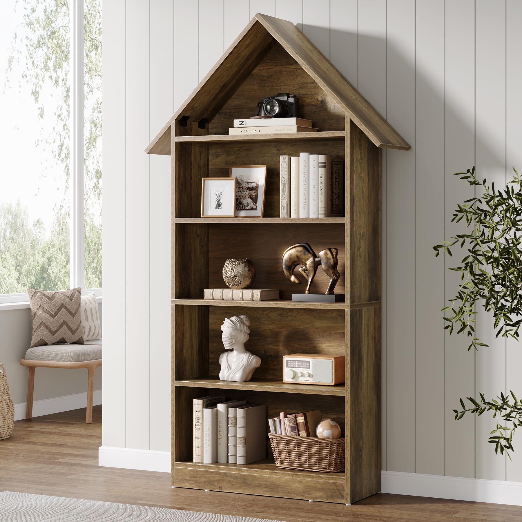 Tribesigns Wood Etagere Bookcase Tall Arch Bookshelf with Five Open Storage Organizer for Living Room Home Office, 5 Tier Books Case Book Shelf Floor Standing Display Shelves for Bedroom, Rustic Brown