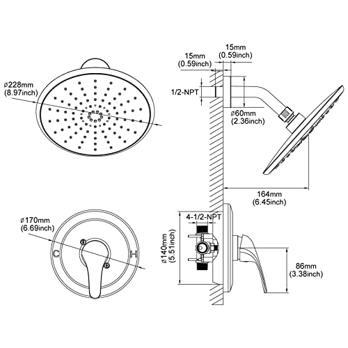 PARLOS Shower Faucet with Valve, Single-Handle Shower Trim Kit with Rain Shower Head, Wall Mounted Shower System, 1436404