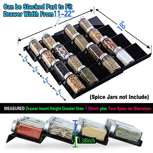 Yakaly Black Acrylic Spice Drawer Organizer, Expandable 11" to 22" - 4 Tier Slanted Drawer Seasoning Jars Rack Hold up 60 Jars, Adjustable In Drawer Spice Tray for Kitchen Cabinet Drawer/Countertop