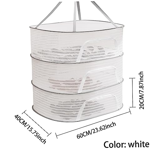 QmjdDymx Herb Drying Rack 3 Layer Hanging Herb Drying Bags Net Collapsible Mesh Sock Drying Rack with Zipper Opening Household Hanging Shelves(White,40x60cm)