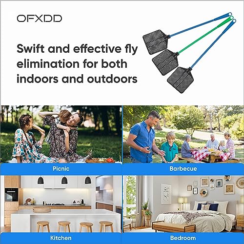 OFXDD Rubber Fly Swatter, Long Fly Swatter Pack, Fly Swatter Heavy Duty, Blue and Green Colors (3 Pack)