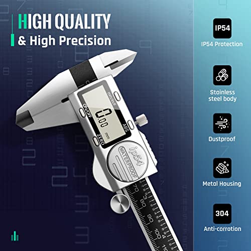 Nuovoware Digital Caliper, 6 Inch /150 mm IP54 Electronic Measuring Tool, Stainless Steel Waterproof Micrometer Vernier Caliper with Auto-Off Large LCD Screen, High Precision Inch/Metric/Fraction